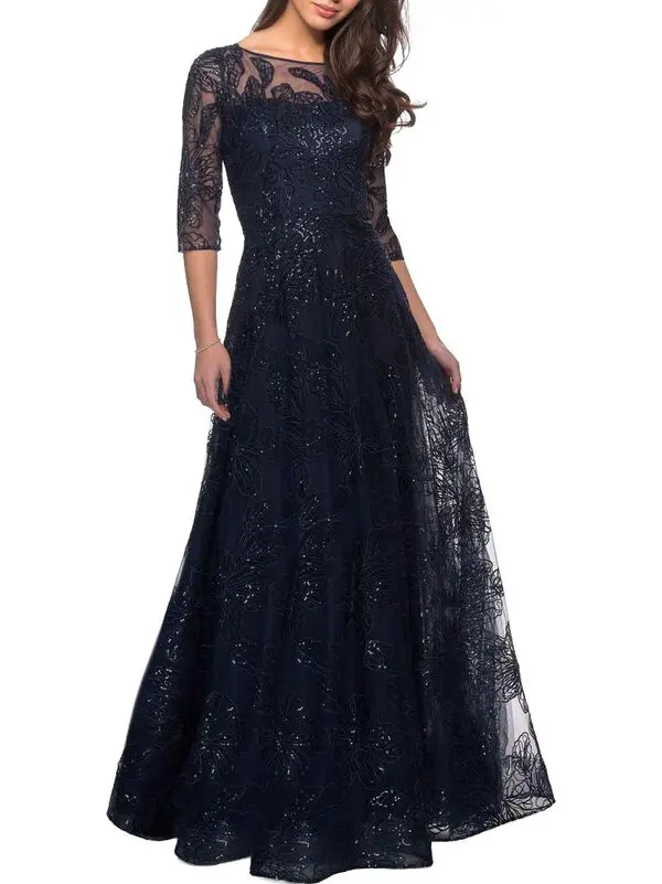 La Femme A-line Lace Sequin Gown - Navy
