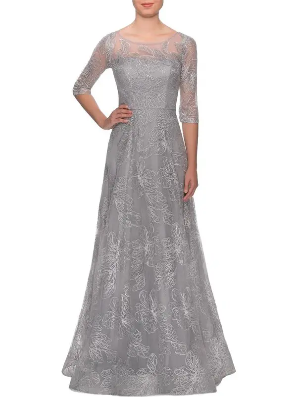 La Femme A-line Lace Sequin Gown - Silver