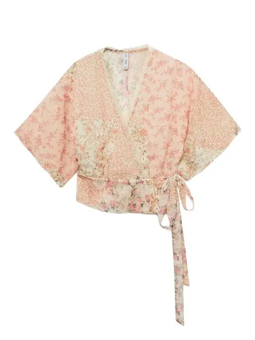 Mango Floral Flutter Sleeve Wrap Top - Ecru