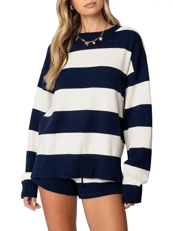 EDIKTED Riley Oversize Stripe Cotton Sweater - Navy-and-cream