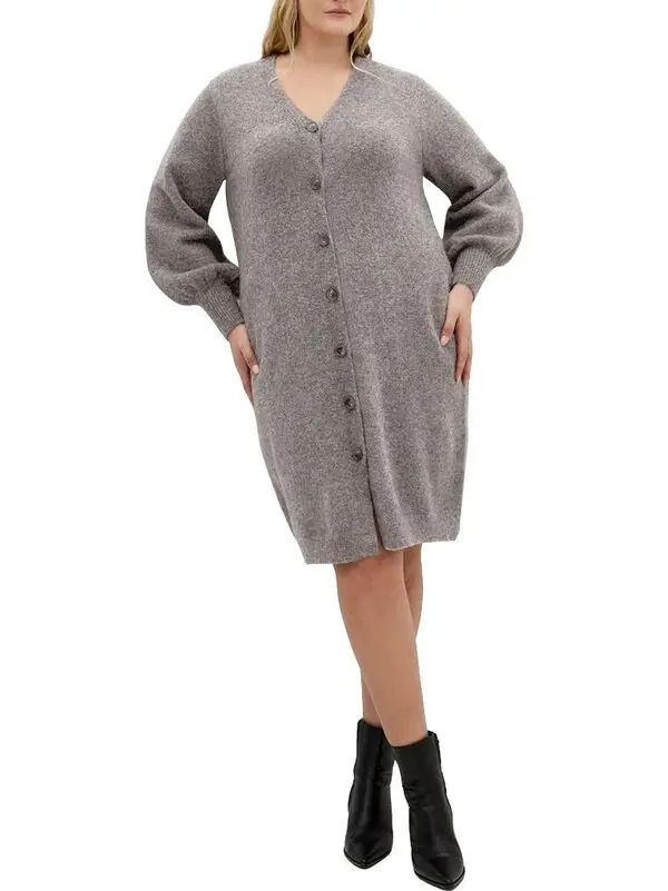 City Chic Eleni Button Front Long Sleeve Sweater Dress - Charcoal Marl