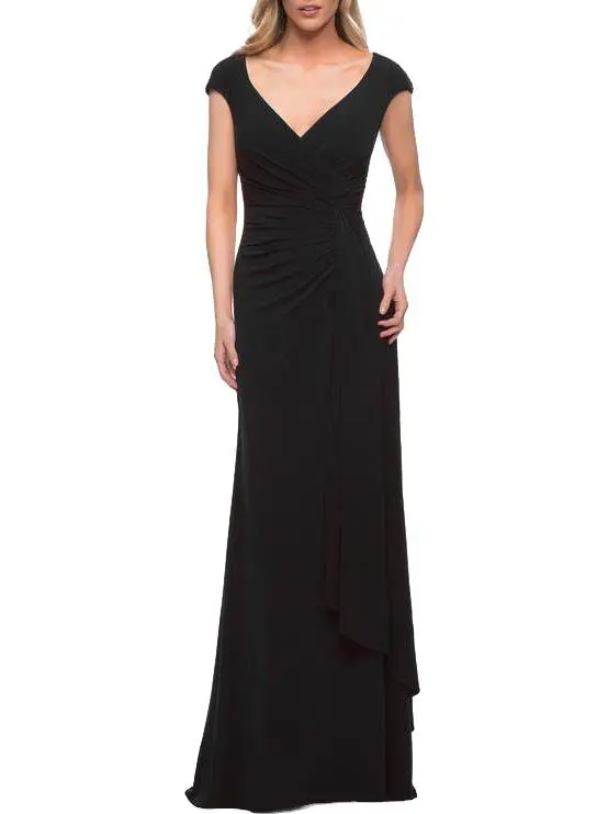 La Femme Jersey Gown With Knot Detail - Black