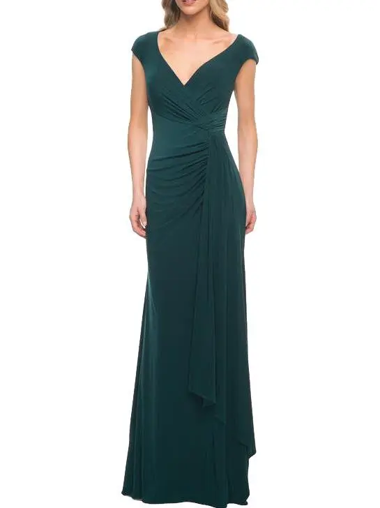 La Femme Jersey Gown With Knot Detail - Emerald