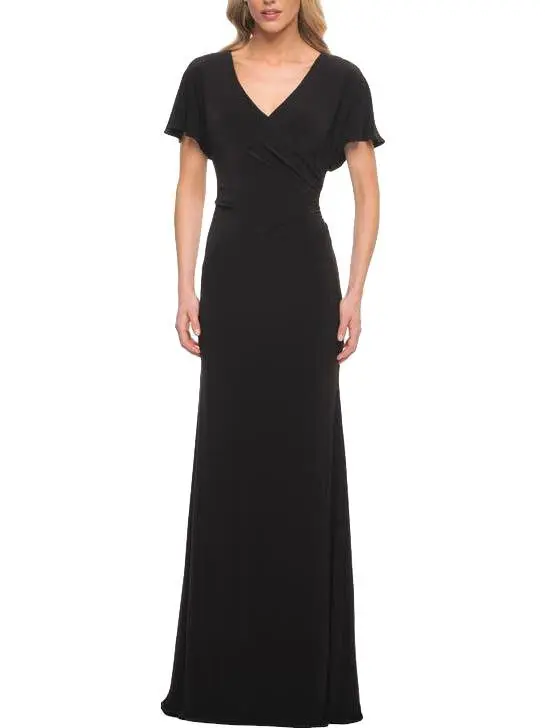 La Femme Jersey Gown With V-neck And Loose Sleeves - Black
