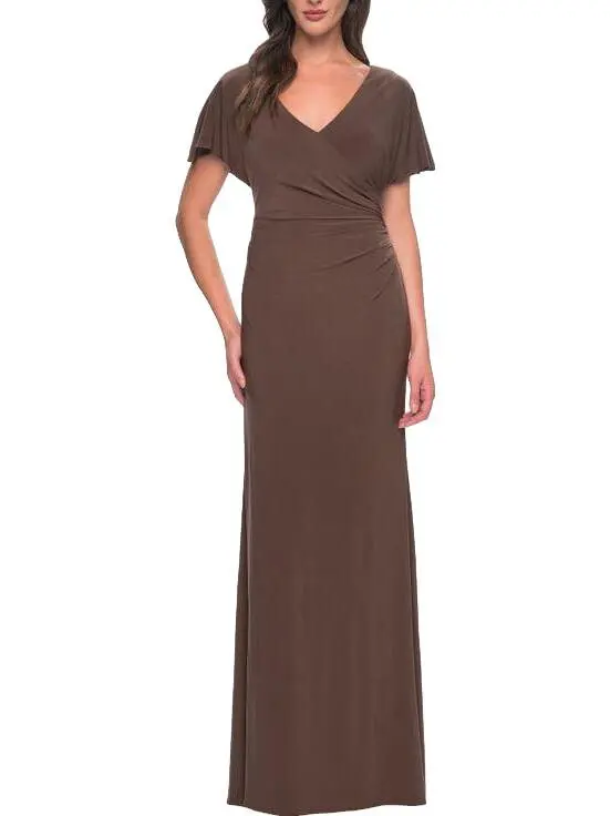 La Femme Jersey Gown With V-neck And Loose Sleeves - Cocoa