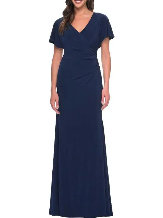 La Femme Jersey Gown With V-neck And Loose Sleeves - Navy