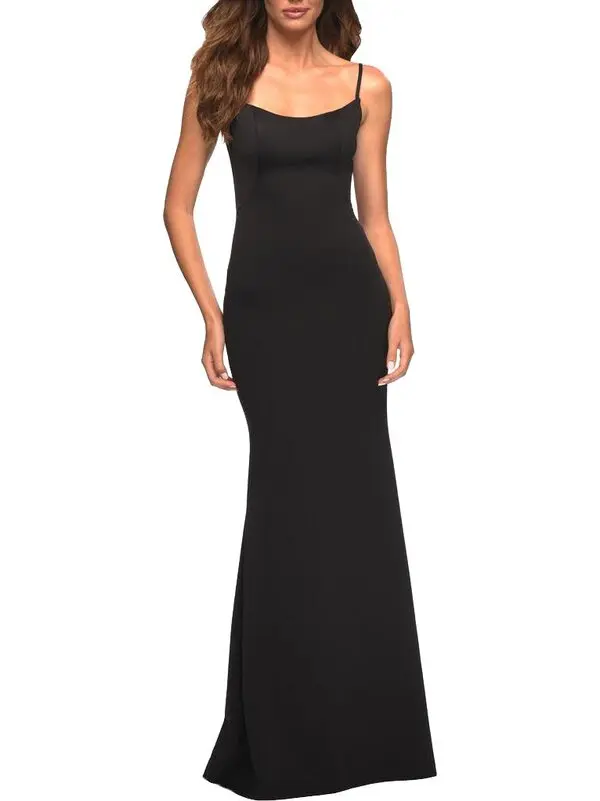 La Femme Jersey Gown With Scoop Neck - Black