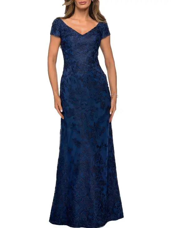 La Femme Lace Evening Gown - Navy