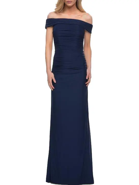 LABOMME Ruched Off-the-shoulder Evening Gown - Navy
