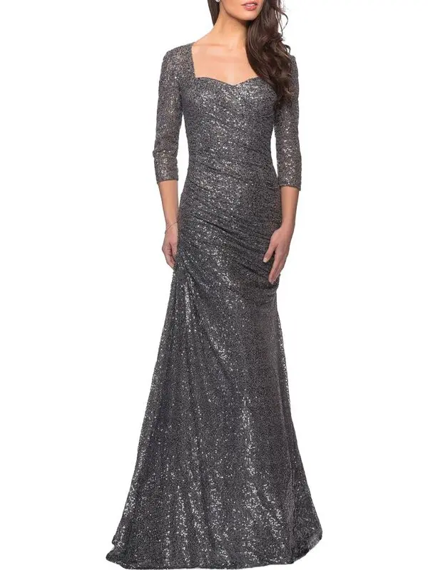 LABOMME Floor Length Sequin Gown - Gunmetal