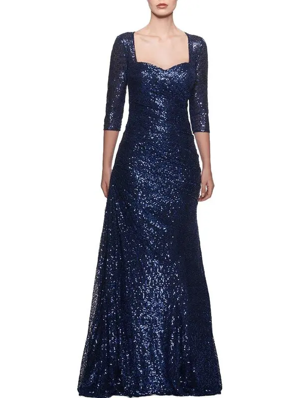 La Femme Floor Length Sequin Gown - Navy