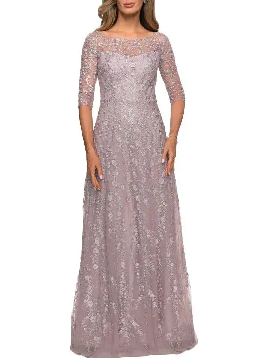 LABOMME Floor-length Floral Lace Gown - Orchid Pink