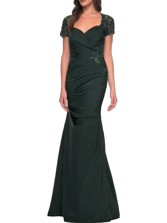 LABOMME Satin Evening Gown With Lace Applique Detail - Dark Emerald