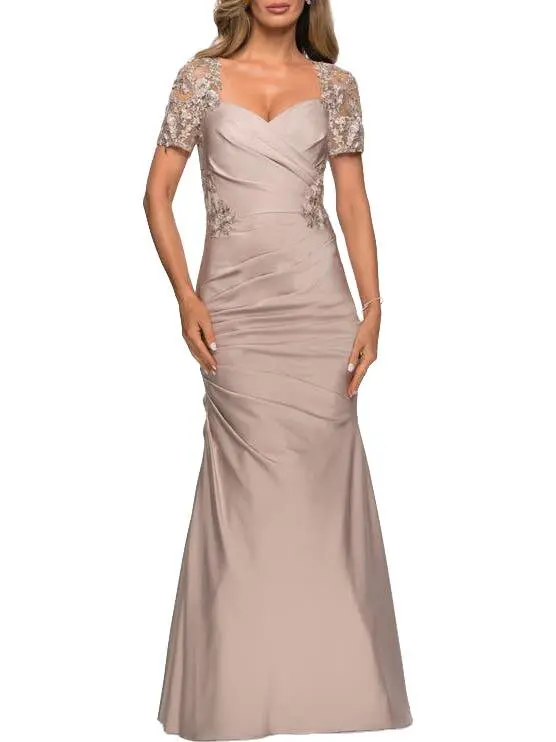LABOMME Satin Evening Gown With Lace Applique Detail - Frost Rose