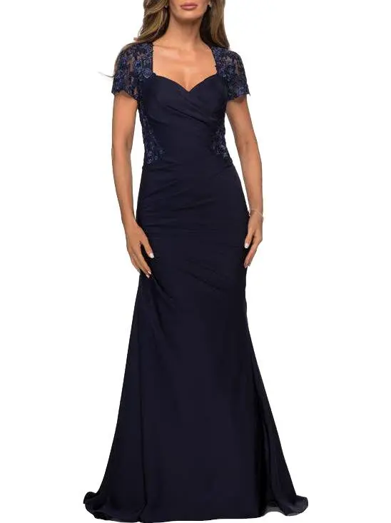 LABOMME Satin Evening Gown With Lace Applique Detail - Navy