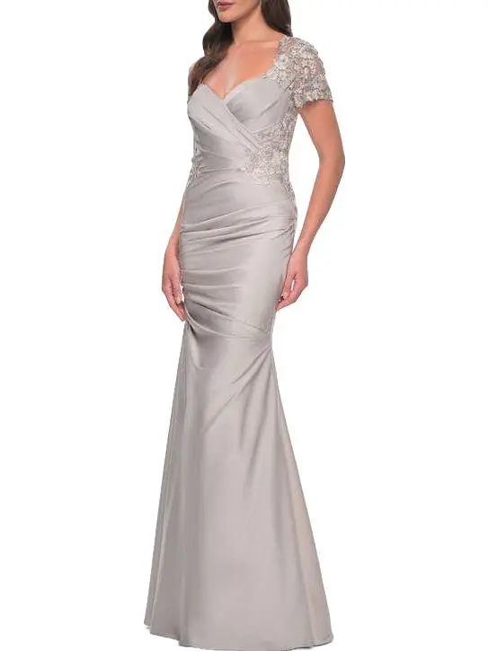 LABOMME Satin Evening Gown With Lace Applique Detail - Silver