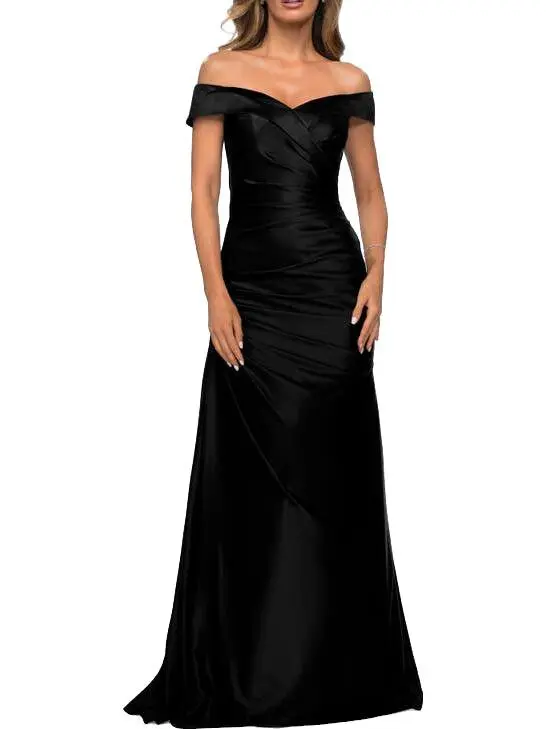 La Femme Off-the-shoulder Satin Evening Gown - Black