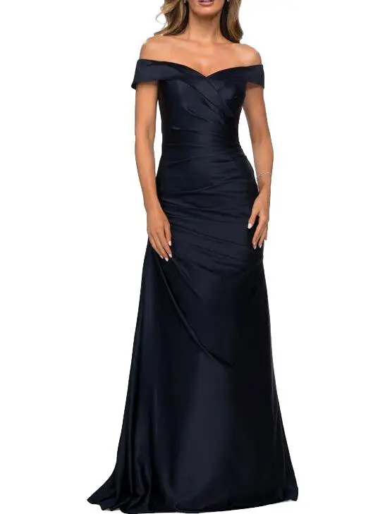 La Femme Off-the-shoulder Satin Evening Gown - Navy