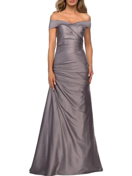 La Femme Off-the-shoulder Satin Evening Gown - Platinum