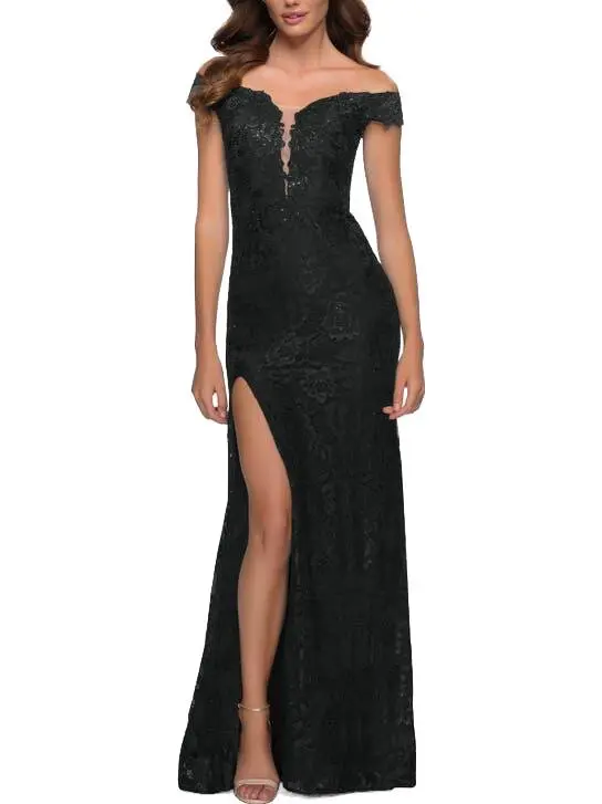 LABOMME Lace Off-the-shoulder Gown With Deep V Neckline - Black