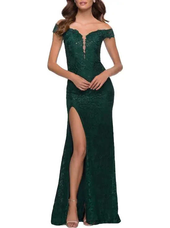 LABOMME Lace Off-the-shoulder Gown With Deep V Neckline - Emerald