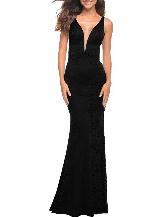 La Femme Stretch Lace Gown With Deep V Neckline - Black