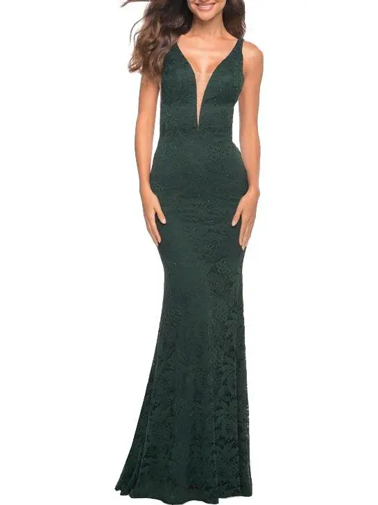 La Femme Stretch Lace Gown With Deep V Neckline - Dark Emerald