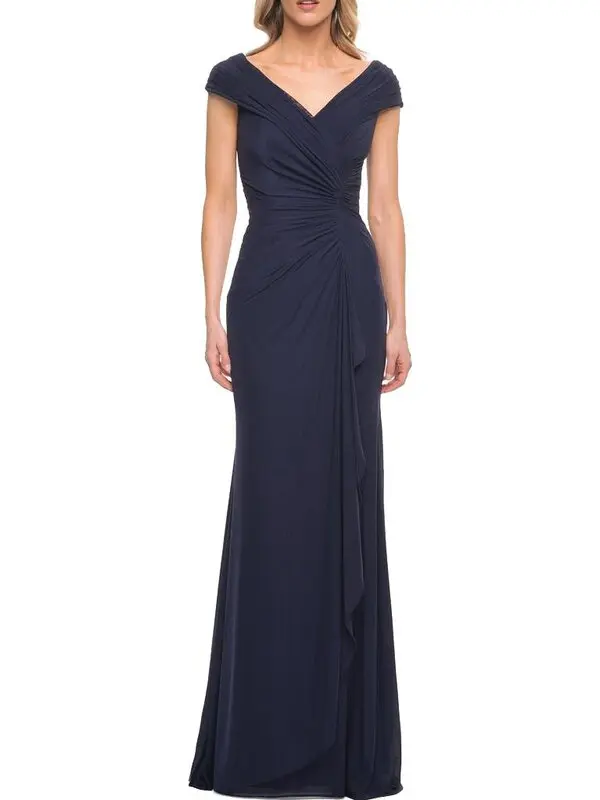 La Femme Net Jersey Long Gown - Navy