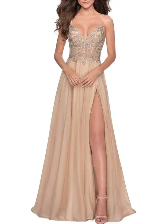 LABOMME A-line Gown With Floral Bodice - Nude