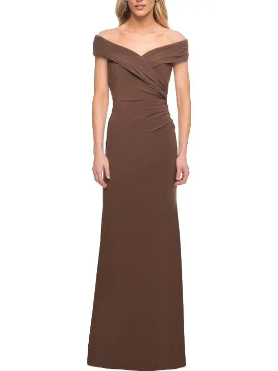 La Femme Off The Shoulder Jersey Dress - Cocoa