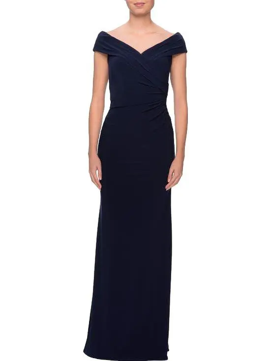 La Femme Off The Shoulder Jersey Dress - Navy