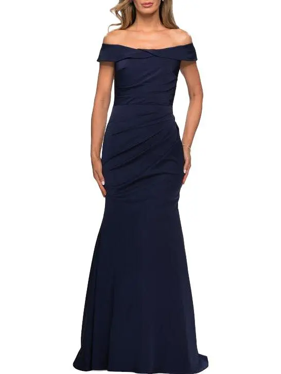 La Femme Off-the-shoulder Satin Evening Gown - Navy