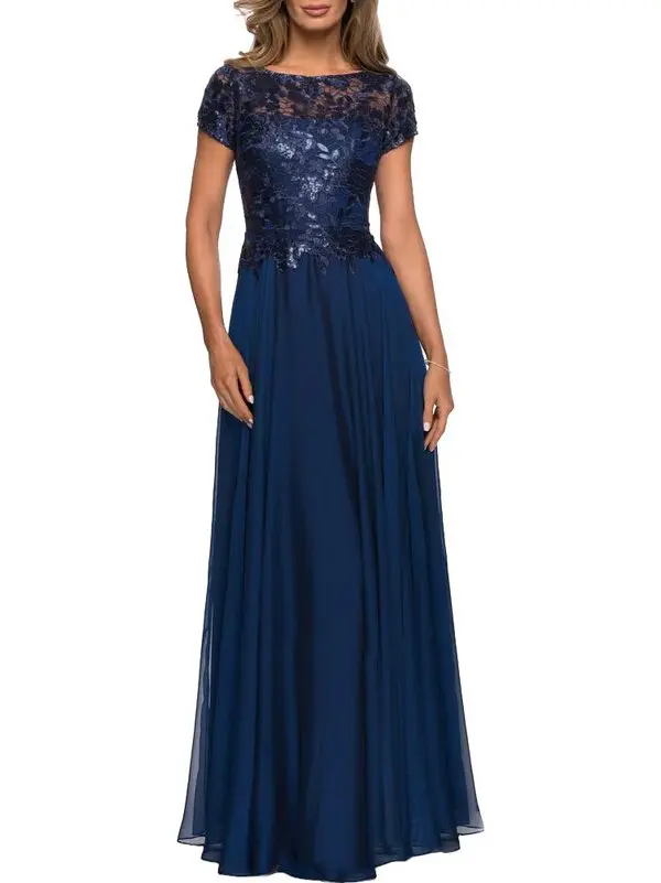 La Femme Short Sleeve Metallic Lace Evening Dress - Navy
