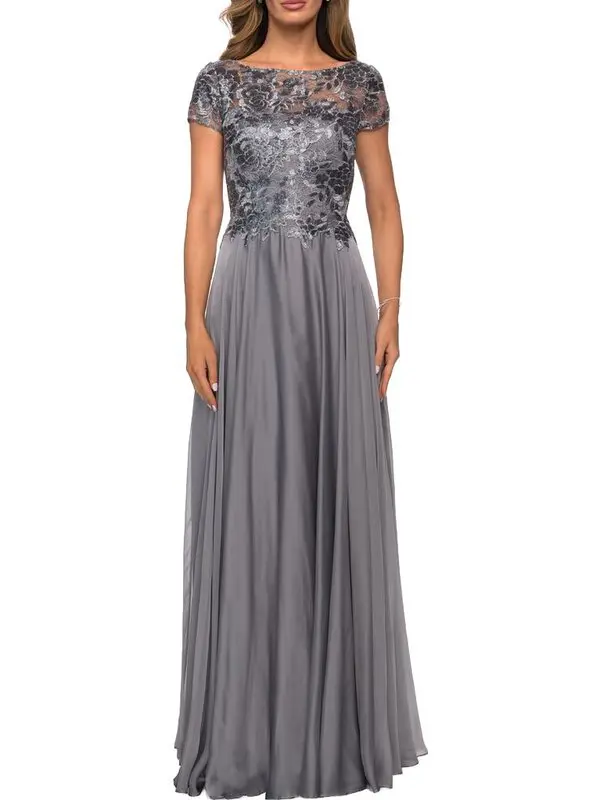 La Femme Short Sleeve Metallic Lace Evening Dress - Platinum