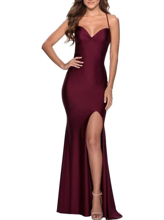 LABOMME Form Fitting Gown With Ruched Bow Bodice - Dark Berry