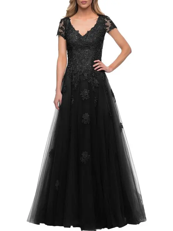 La Femme Tulle A-line Gown With Lace Applique - Black