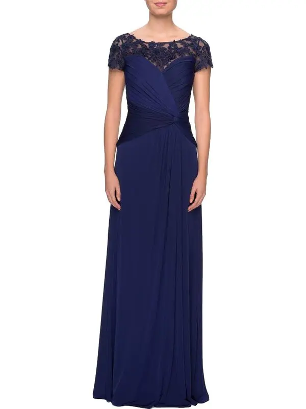 La Femme Jersey Gown With Floral Neckline - Navy