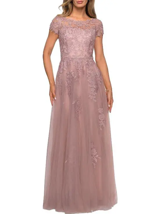 LABOMME Beaded Lace Rhinestone A-line Gown - Mauve