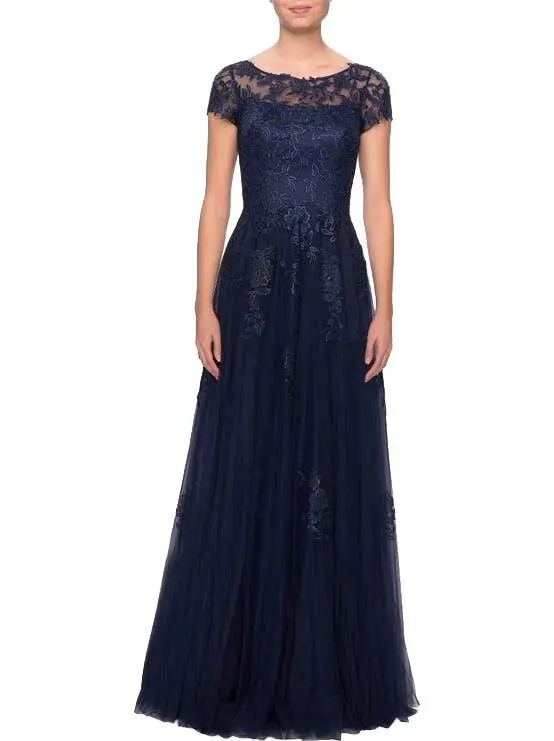 La Femme Beaded Lace Rhinestone A-line Gown - Navy