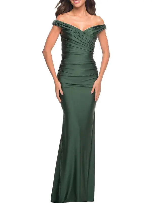 La Femme Off-the-shoulder Ruched Gown - Dark Emerald