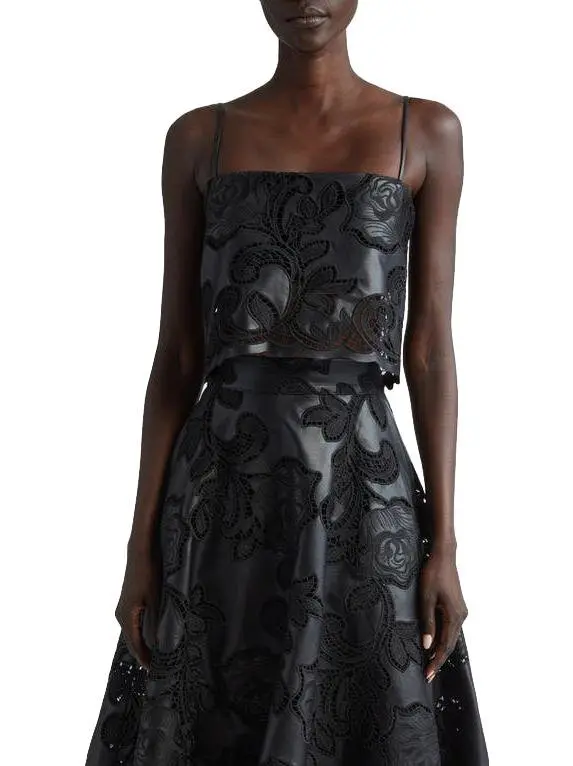 Johanna Ortiz Seduccion Lunar Embroidered Eyelet Faux Leather Crop Camisole - Black