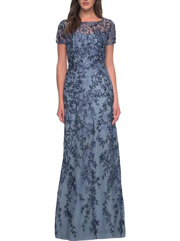 LABOMME Floral Beaded Evening Dress - Slate