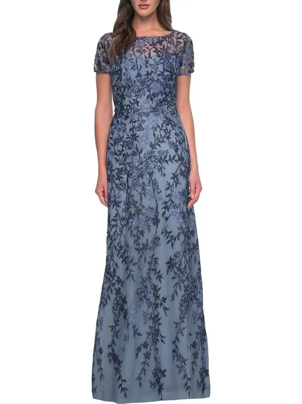 La Femme Floral Beaded Evening Dress - Slate