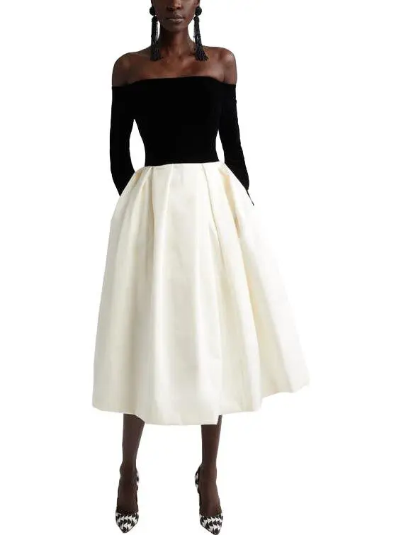 Carolina Herrera Off-the-shoulder Velvet & Satin Midi Dress - Black/white