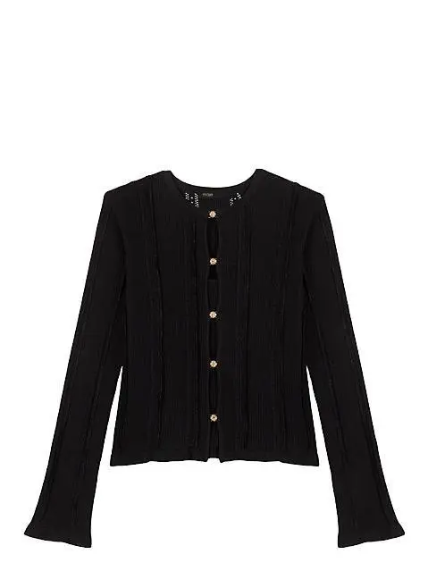 Maje Open-work Long-sleeve Stretch-knit Cardigan - Noir / Gris