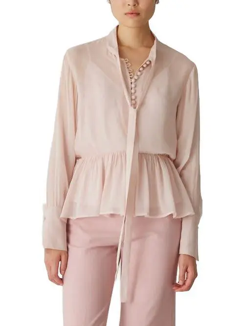 Rebecca Taylor Covered Button Tie Front Blouse - Calamine Pink