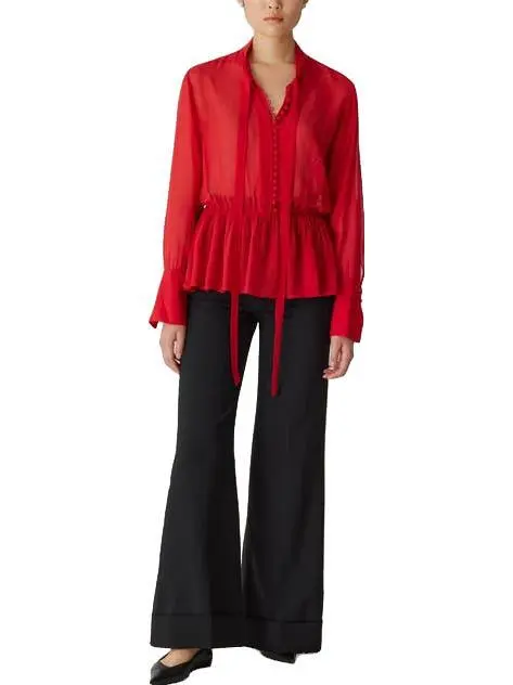 Rebecca Taylor Covered Button Tie Front Blouse - Red Lip