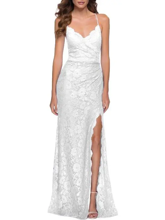 LABOMME Lace Gown With Scalloped Slit Detail - Ivory