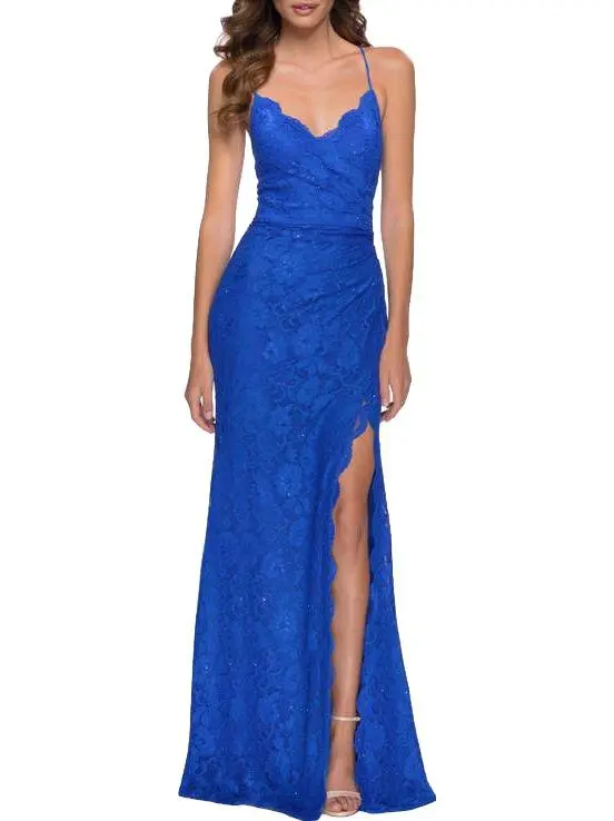LABOMME Lace Gown With Scalloped Slit Detail - Royal Blue