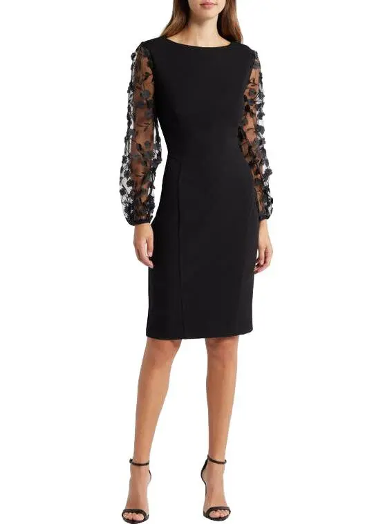 CONNECTED APPAREL Floral Mesh Sleeve Sheath Dress - Black